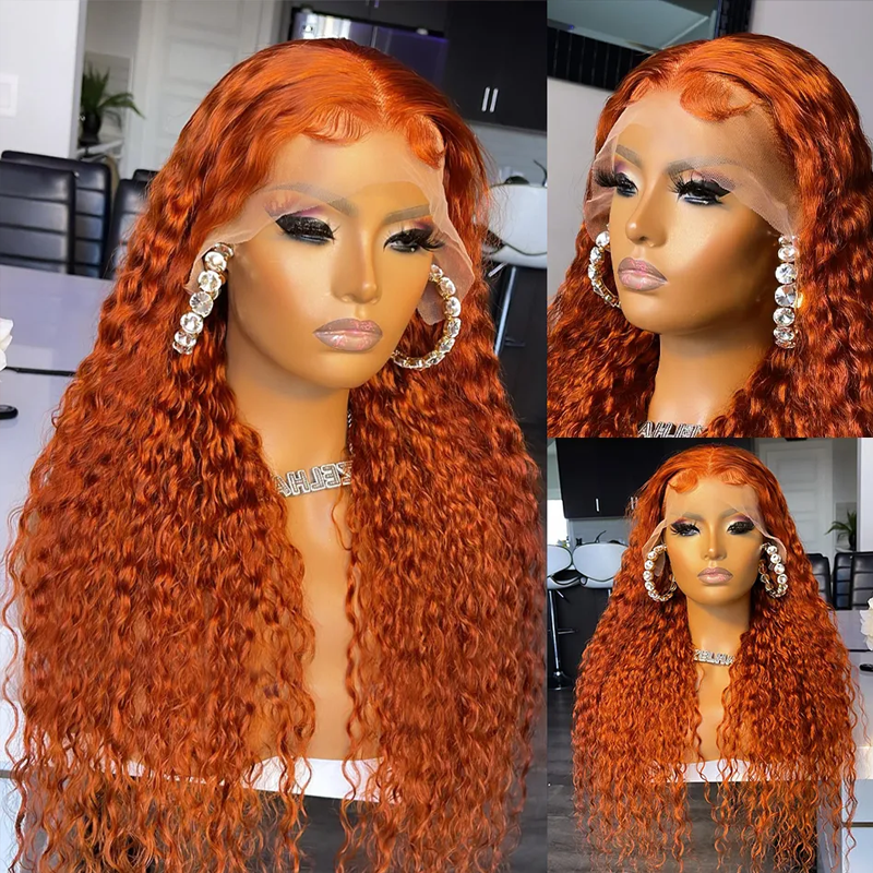 Orange Ginger Deep Wave Wig Transparent Lace Frontal Human Hair Wigs S ...