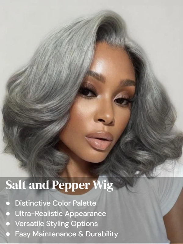 Pixie Cut Layered Cut Side Part Short Salt and Pepper Wigs Loose Body ...