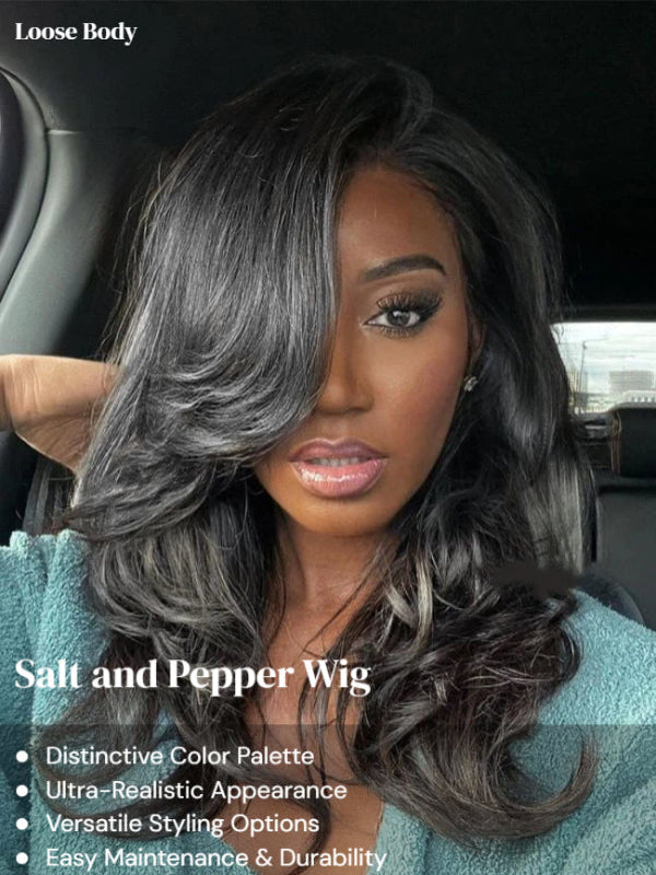Sterly Salt and Pepper Wig Straight/Loose Body/Kinky Straight Colored ...